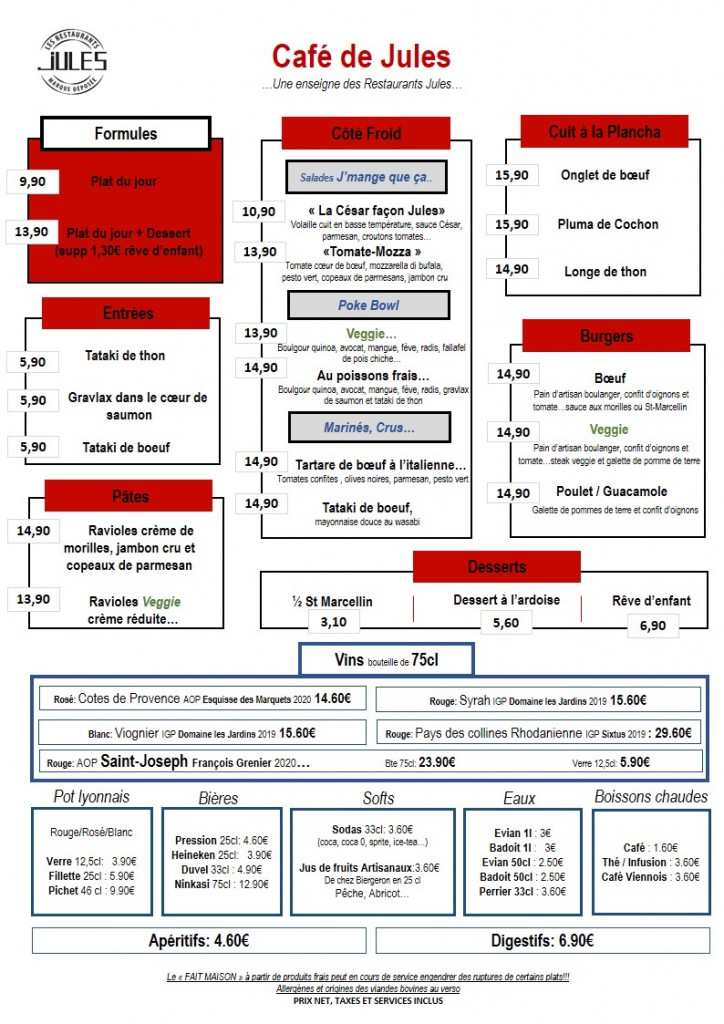 Cartes et suggestions - les restaurants jules